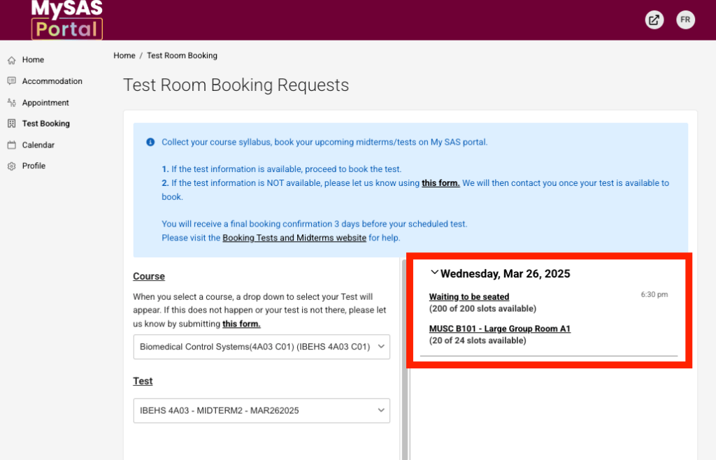 Booking Tests and Midterms | Student Accessibility Services (SAS ...